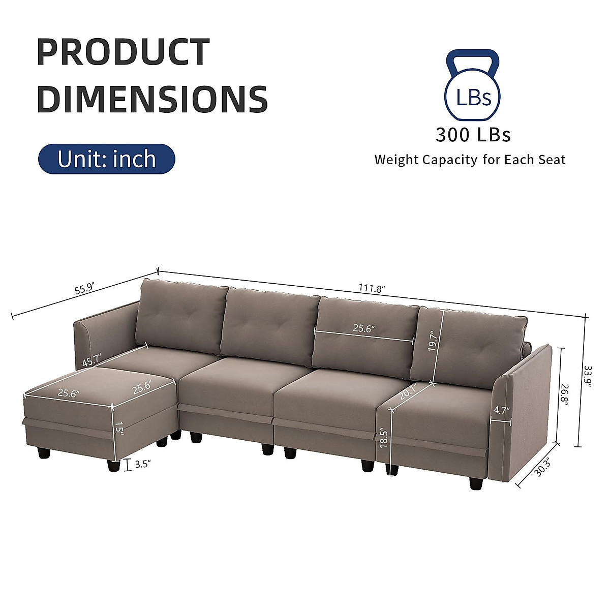 LLappuil Sectional Couch with Reversible Chaise, Waterproof, Anti-Scratch and Antistatic Sectional, Modern L-Shape Sofa Corner Couch Modular Sofa with Ottoman, Brown