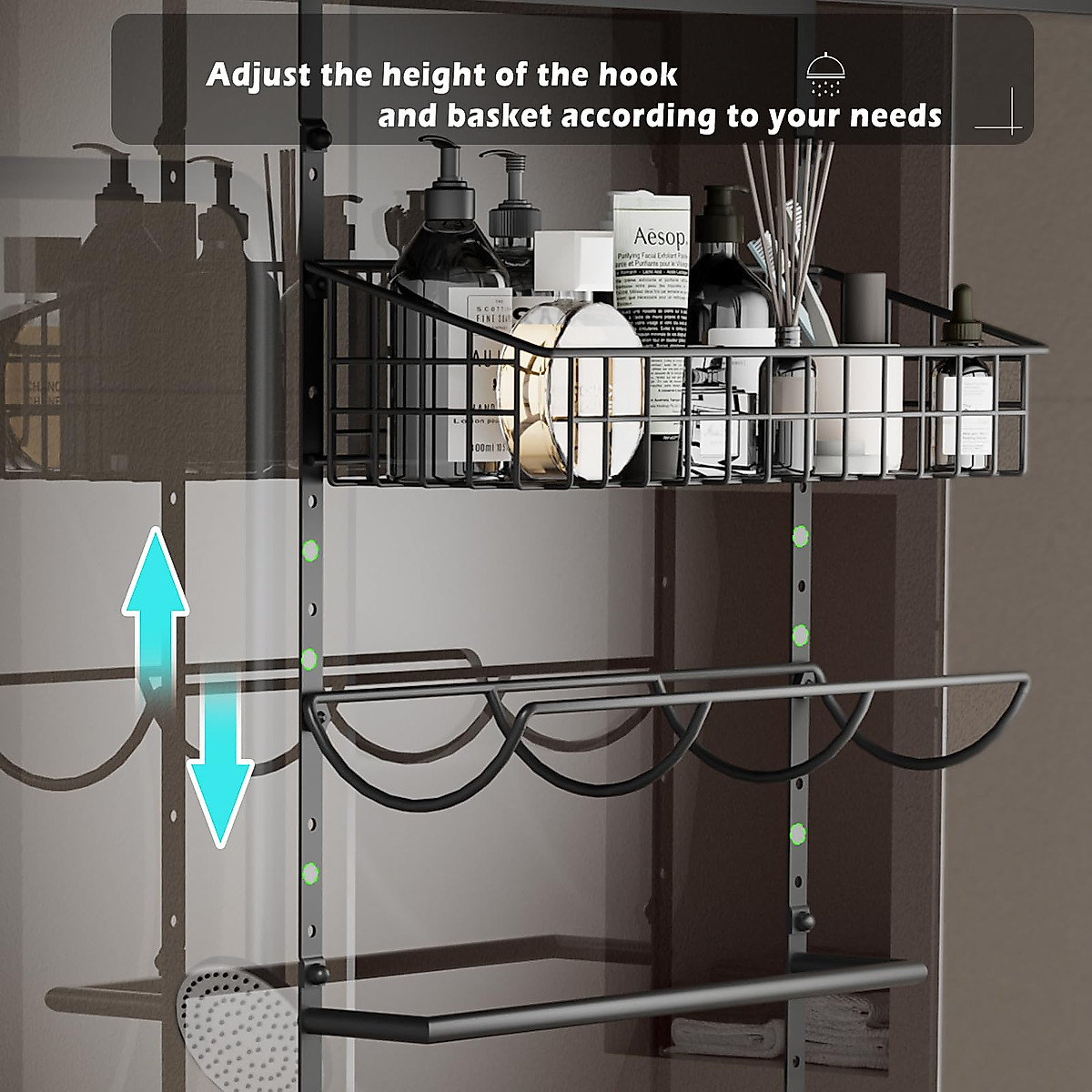 X-cosrack Adjustable Towel Racks for Bathroom Door Hanging, 5 Tiers Over The Door Towel Rack with Hooks, Bathroom Towel Holder Wall Mount for organizing Towels，Clothes