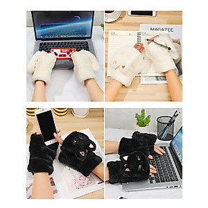 SATINIOR 2 Pairs Winter Gloves Thick Warm Soft Plush Convertible Flip Top Mittens Full Finger Gloves for Women Girls (White, Black, Cat)