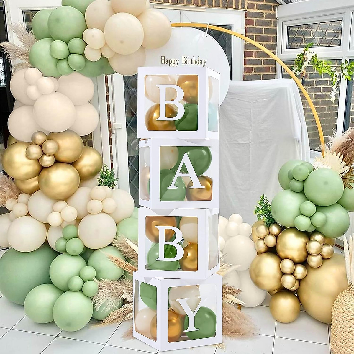 Baby Shower Decorations Boy Girl - 4Pcs Transparent Baby Balloon Boxes and 112Pcs Green White Gold Balloons Arch Kit for Sage Green Baby Shower Decorations, Christening, Gender Reveal Party Supplies