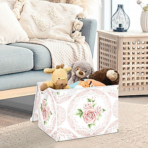 SUABO Pink Rose Storage Bin with Lid Large Oxford Cloth Storage Boxes Foldable Home Cube Baskets Closet Organizers for Nursery Bedroom Office