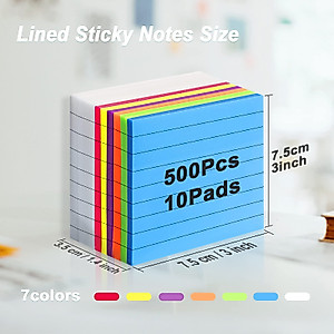 MIUTME Lined Sticky Notes Transparent, 7 Colors Bright Self Sticky Notes Clear Pad, Waterproof Translucent Memo with Line (3X3 inch, 500Pcs)