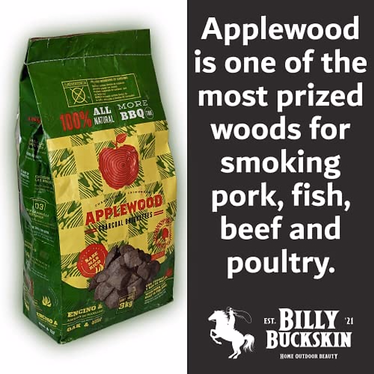 Billy Buckskin Co. Oak & Apple Charcoal Briquettes | Burns Hotter, Longer & Cleaner | 100% Natural Oak & Apple Wood | Prized Flavor Briquettes | Lights Easily | 6.5-Pound Bag