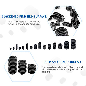 Glarks 450Pcs M3/M4/M5/M6/M8 Allen Head Socket Set Screw, 12.9 Class Black Alloy Steel Internal Hex Drive Grub Screw Assortment Kit