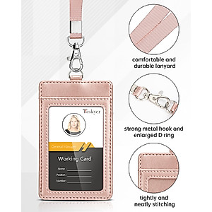 Teskyer Leather ID Badge Holder, Vertical PU Leather ID Badge Holder with 1 Clear ID Window & 1 Credit Card Slot and a Detachable Neck Lanyard (Rose Gold)