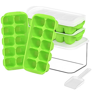 DOQAUS Ice Cube Tray with Lid and Bin, 4 Pack Ice Trays for Freezer, Easy Ice Pop Out Silicone Ice Cube Trays for Freezer with Cover, Stackable Storage Compact Ice Bucket Kits for Popsicles