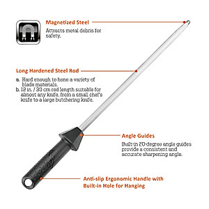 Sharpeak (a brand of SHARPAL) 108S 17.5-Inch/Rod L. 12-Inch Sharpening Steel Knife Sharpener Rod with Built-in Angle Guides Kitchen Knives Honer Knife Steel Sharpening Rod Chaira Para Cuchillos HRC 65