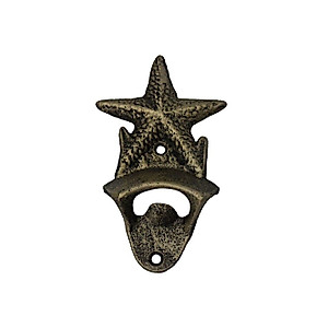 Hampton Nautical Rustic Gold Cast Iron Wall Mounted Starfish Bottle Opener 6" - Starfish Decoration - Starfish Wall Decor