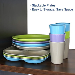 Shopwithgreen Bamboo Divided Plates for Kids Adults - Dinnerware for Toddlers Kids Children Baby, BPA Free, Stackable, Dishwasher Safe, 9.4 inch, Set of 4