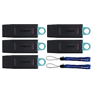 Kingston DataTraveler Exodia 64GB USB 3.2 (Bulk 5 Pack) Flash Drives for Computer or Laptop (DTX/64GB) Bundle with 2 Everything But Stromboli Lanyards