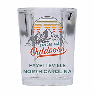 R and R Imports Fayetteville North Carolina Explore the Outdoors Souvenir 2 Ounce Square Base Liquor Shot Glass
