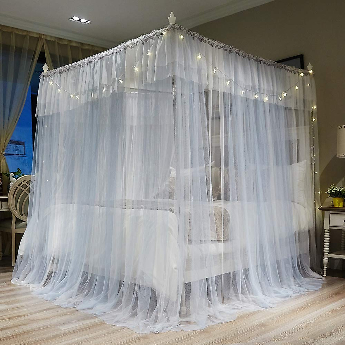 Joyreap Luxury 4 Corners Post Canopy Bed Curtains - Grey & White Cozy Drape Netting - Cute Princess Style Bedroom Decoration Accessories (59" W x 78" L, Full/Queen)