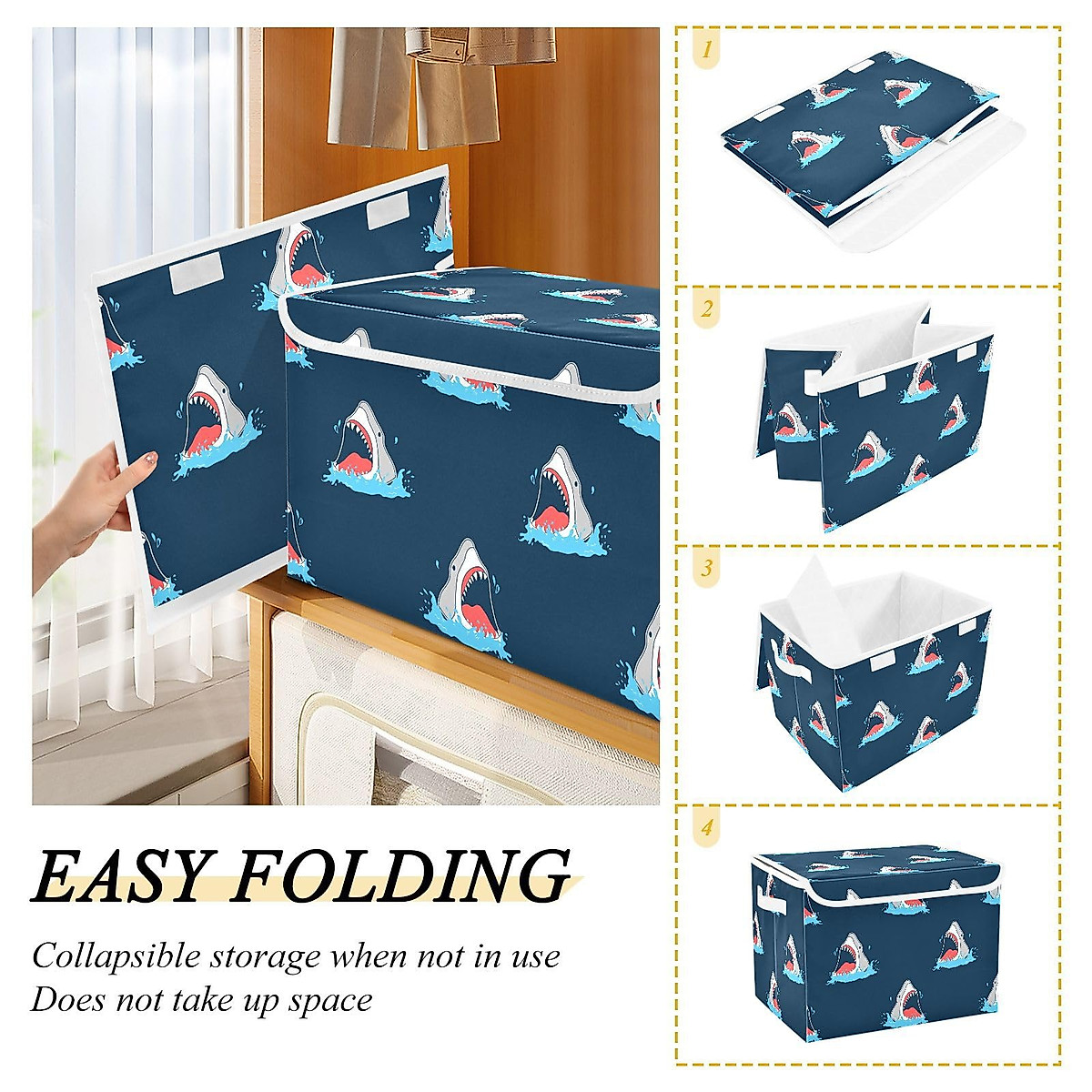 VIGTRO Large Collapsible Storage Bins with Lids Hand Drawn Shark, Summer Storage Baskets Organizer Containers with Handles for Home Bedroom Office