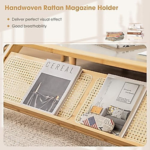 GOFLAME Bamboo Coffee Table, 2-Tier Rectangular Coffee Table with Glass Tabletop, Modern Center Table with Handwoven Rattan Storage Shelf, 48” Tea Table Cocktail Table for Living Room, Office, Natural