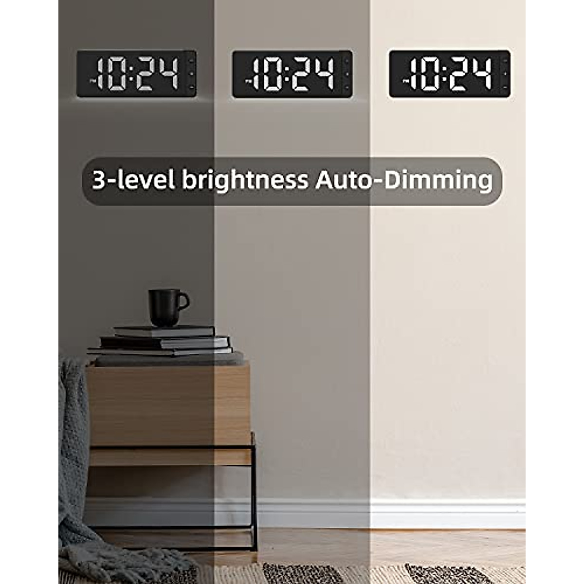LED Digital Wall Clock with Large Display, Big Digits, Auto-Dimming, 12/24Hr Format, Battery Backup, Silent Wall Clock for Farmhouse, Kitchen, Living Room, Bedroom, Classroom, Office – White