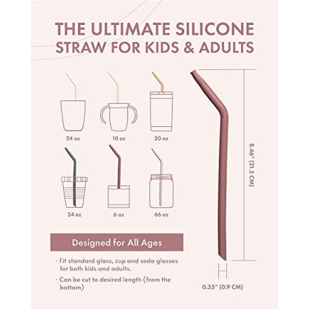 Silicone Straw - Flexible & Reusable Drinking Straws with Cleaning Brush for Toddlers & Kids - With Bendable Tips – Soft, Food-Safe Material, No BPA - Dishwasher Safe - Set of 6 - Oak