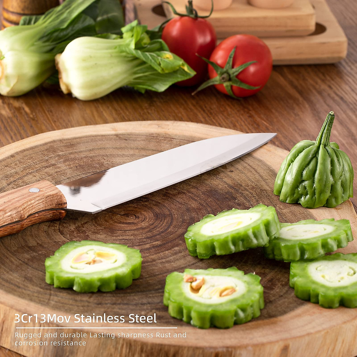 feng&feng 8-Inch Chef's Knife - Stainless Steel Blade, Wood Handle, Three Rivets - Sharp, Durable Kitchen Knife