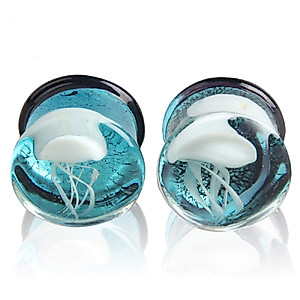 NewZenro Glass Ocean Jellyfish Ear Plugs Gauges Tunnel Expanders Stretcher Unique Earrings Double Flared Piercings Body Jewelry Blue Red Set (9/16"(14mm))