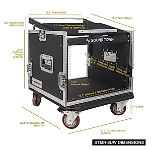 Sound Town Enhanced Thickness 1/2” (12mm) Plywood 8U Audio Rack/Road ATA Case with 11U Slant Mixer Top, 20’’ Rackable Depth, Casters, 8 Space Size, Pro Tour Grade (STMR-8UW)