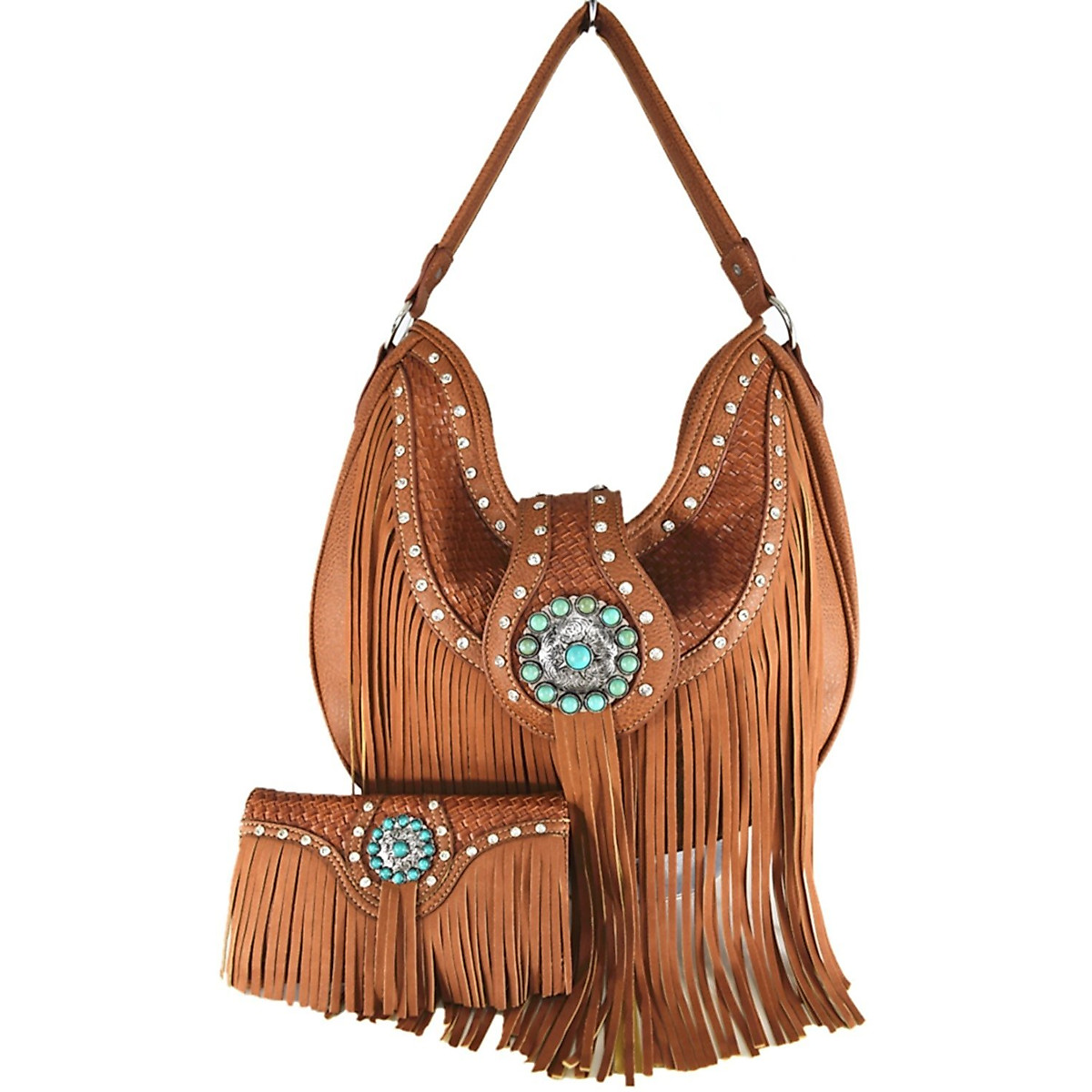 Western Cowgirl Concealed Carry Fringe Cow Purse Handbag Hobo Messenger Shoulder Bag Wallet Set Brown