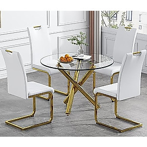 Round Glass Dining Room Table for 2 to 4 Person Modern Tempered Glass Top, Sturdy Chrome Legs, Adjustable Foot Pads, Kitchen Table for Living Room, Dining Room, Tea, Home, 39.37 Inch, Golden Base