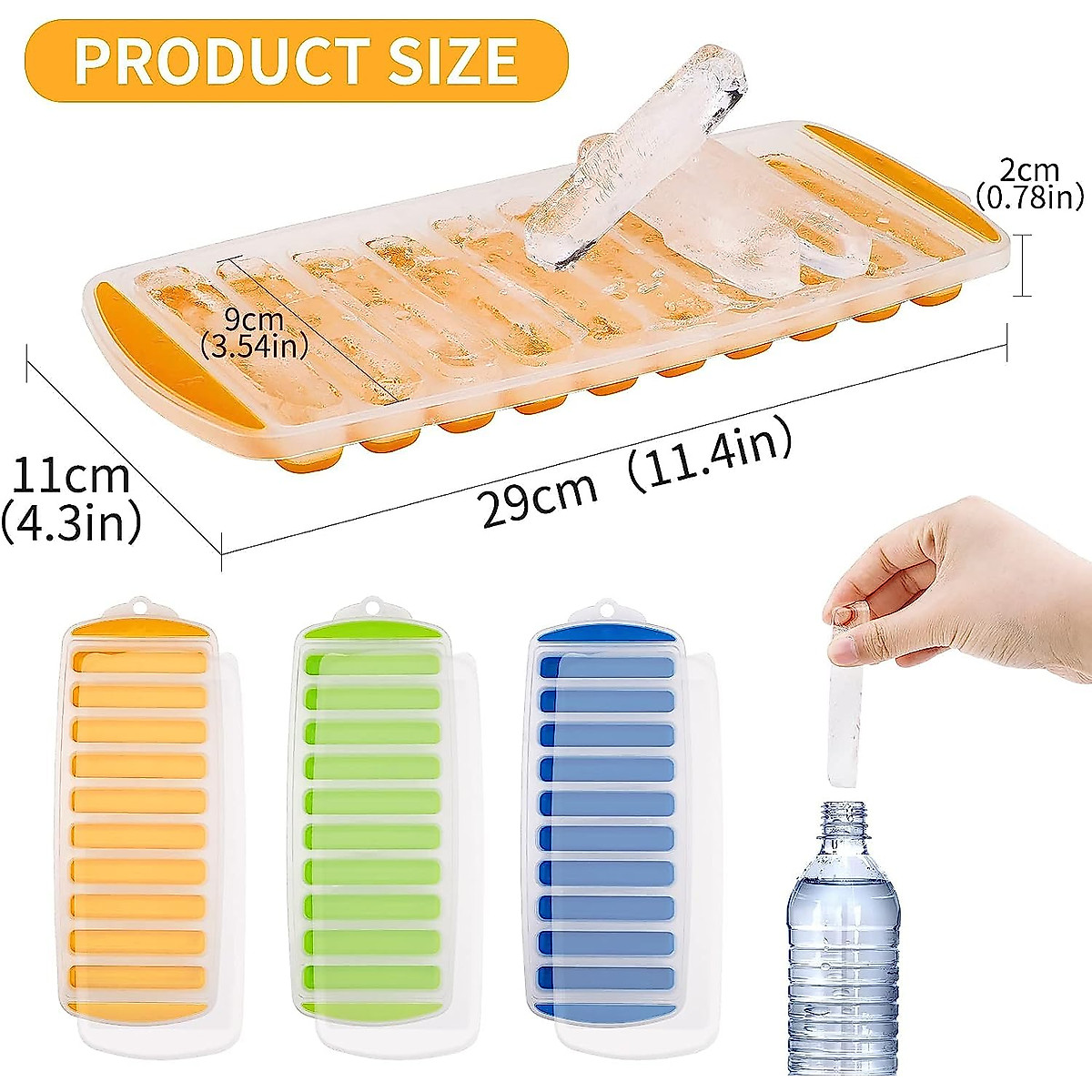 3 Pcs Long Ice Stick Tray Silicone with Lid,Water Bottle Ice Cube Tray with Easy Push and Pop Out Material, Ideal for Sports and Water Bottles