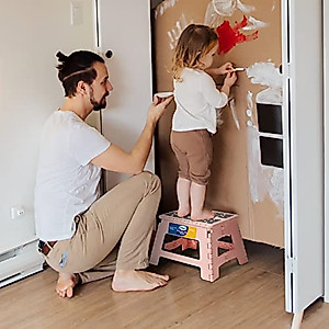 Korpai The Latest 9" Folding Step Stool for Adults and Kids Holds Up to 300 lbs,Non-Slip Folding Stools with Portable Handle, Compact Plastic Foldable Step Stool for Bathroom,Kitchen,Sakura Pink,1PC