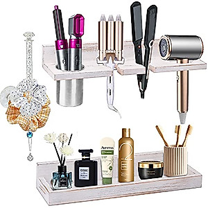 Hair Tool Organizer Wall Mount Holder, Set of 2 Layer Rustic Blow Dryer Holder, Hair Product Organizer Wooden Storage for Hair Dryer, Curling Iron, Hot Tools, Vanity Accessories, Makeup, Toiletries
