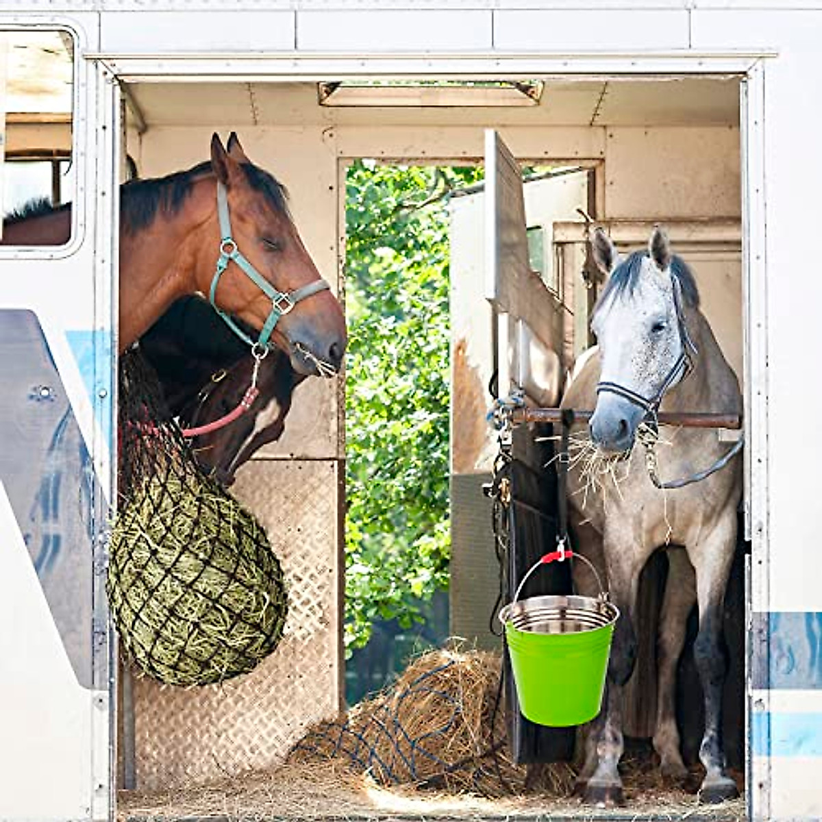 4 Pcs Slow Feed Hay Feeder for Horses, 2 x 2 Holes 40 Inch Length Goat Feed Hay Net Adjustable Nylon Hanging Strap Hay Bags for Horses Feed, Trailer and Stall, Reduce Waste, Black