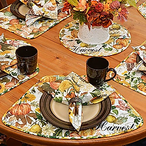 Sweet Pea Linens Quilted Bright Fall, Harvest, Sunflower and Pumpkin, Wedge-Shaped Placemats - Set of Four Plus Center Round-Charger