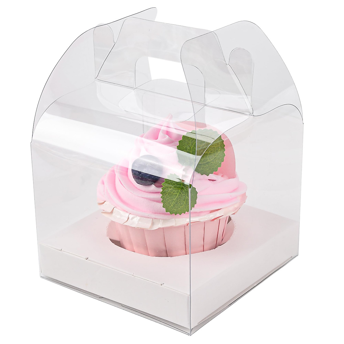 LOKQING 30 PCS Individual Cupcake Containers Single Cupcake Boxes with Handle and Inserts Clear Plastic Favor Boxes