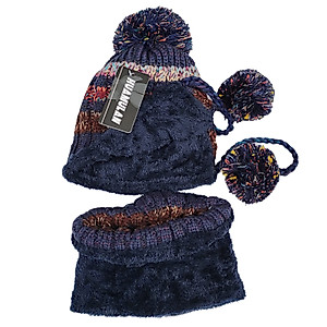 HUAMULAN Women Winter Beanie Hat Circle Scarf Set Pompoms Peruvian Ski Snow Ear Flaps Sherpa Knit Hats Fleece Lined Slouchy