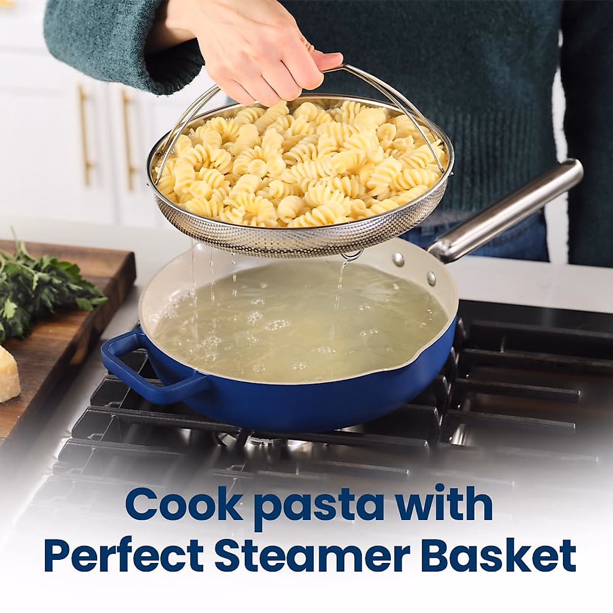 Nutricook OnePan - 10.5" Ceramic Saute Pan, Nonstick Frying Pan, Sauce Pan, Skillet, Oven Safe Induction Cookware, PTFE & PFOA Free, Blue