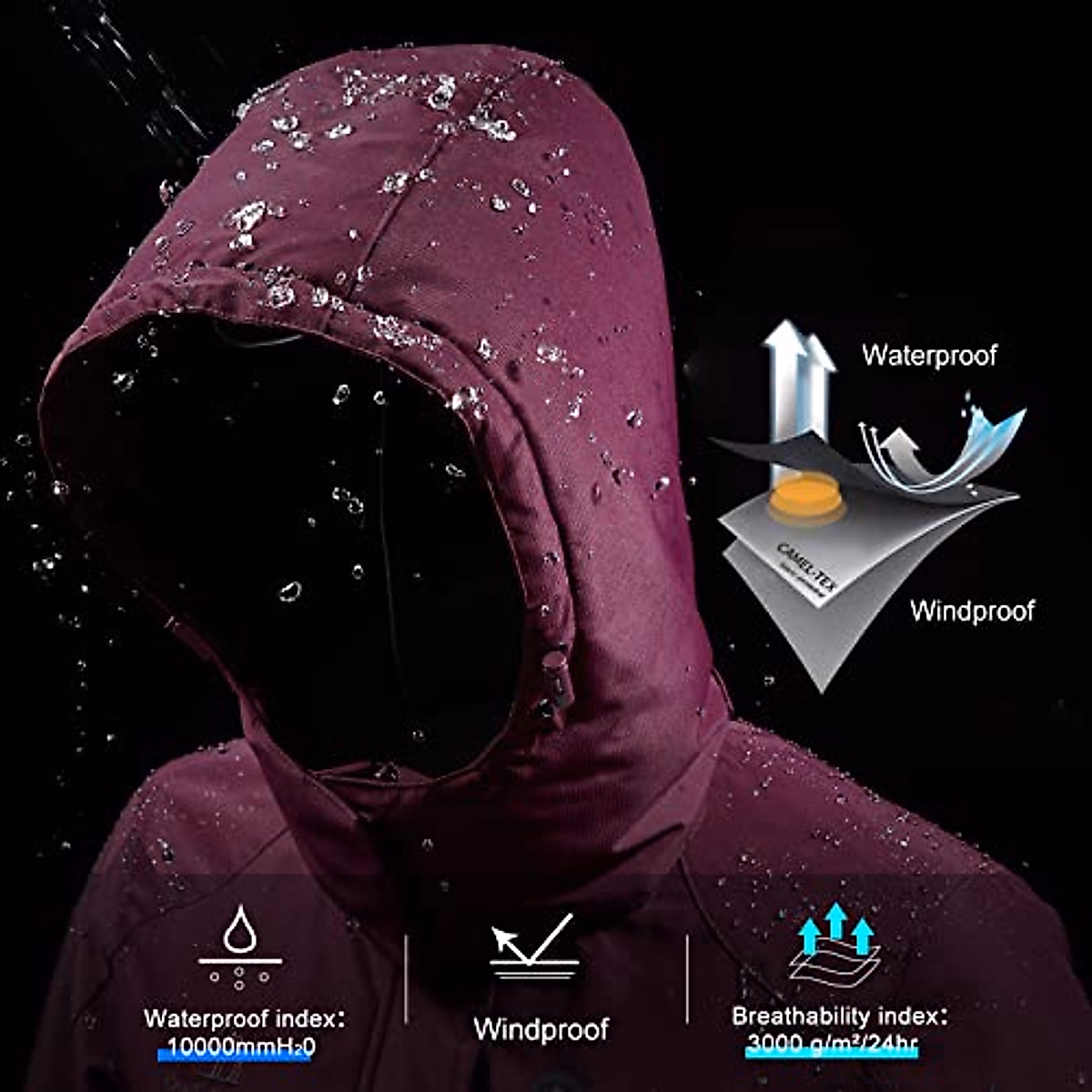 CAMEL Women's Warm Winter Ski Jackets Waterproof Snow Coat with Hood Mountain Windproof Rain Jacket