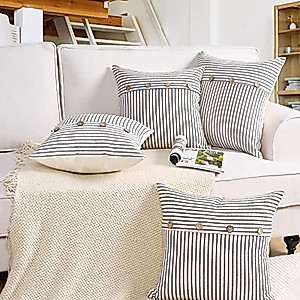 Farmhouse Button Pillow Covers 18 x 18, Black and Beige Striped Patchwork Pillow Covers, Set of 2 Modern Accent Square Couch Pillow Cases, Decorative Pillowcases with Buttons for Sofa Couch Bed
