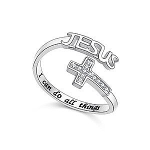 FLYOW Cross Ring 925 Sterling Silver Engraved I Can Do All Things Jesus Cross Adjustable Ring Religious Jewelry for Women Christian, Size 7