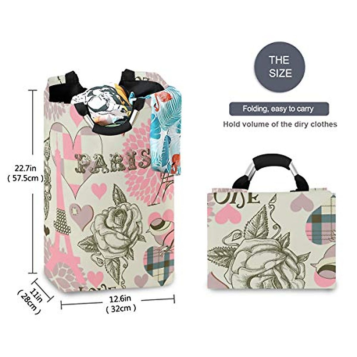 ALAZA Paris Eiffel Tower Rose Floral Heart Laundry Basket Hamper Large Storage Bin with Handles for Gift Baskets, Bedroom, Clothes