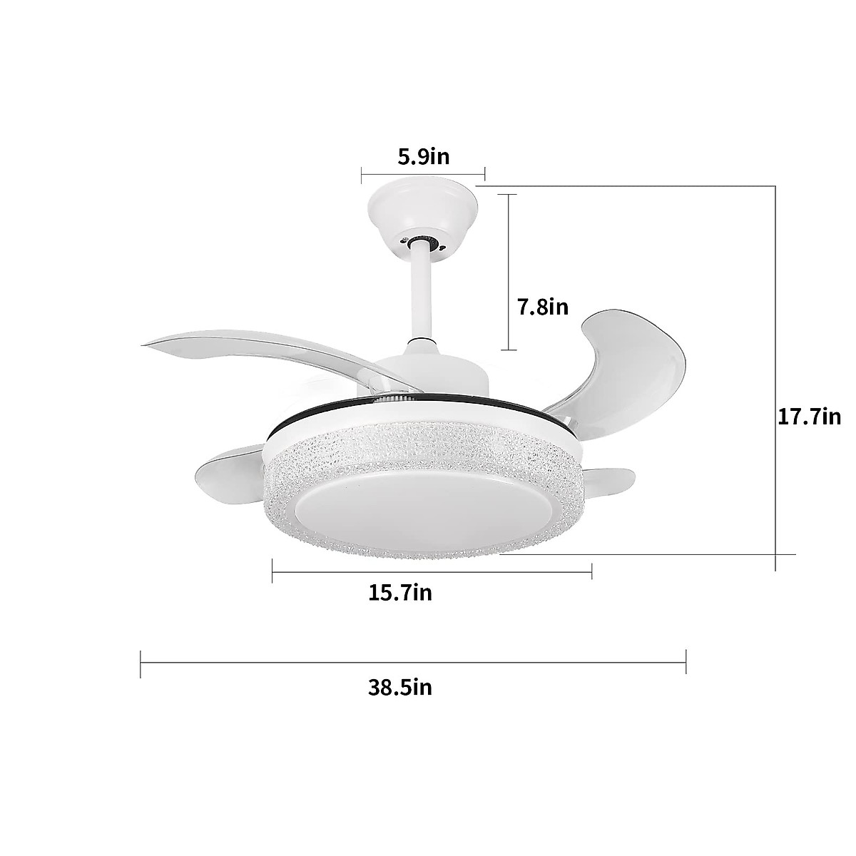 HOREVO Retractable ceiling fans with lights and Bluetooth speaker 42 Inch Fandelier Invisible Blades Chandelier Fan Color Changing Dimmable Hidden Bluetooth Ceiling Fan with lights with remote