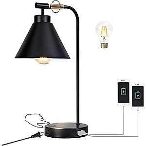 Bedside Desk Lamps for Bedroom - Grey Smoked Glass Shade Table Lamp with USB C Port, Fully Dimmable Small Lamps with USB Port and Outlet, Reading Nightstand Lamps for Office Living Room