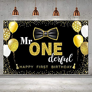 Mr. Onederful Birthday Party Decorations for Boys Happy 1st Birthday Banner Backdrop Large First Birthday Cake Table Decor Mr One Party Favor Supplies (Black and Gold)