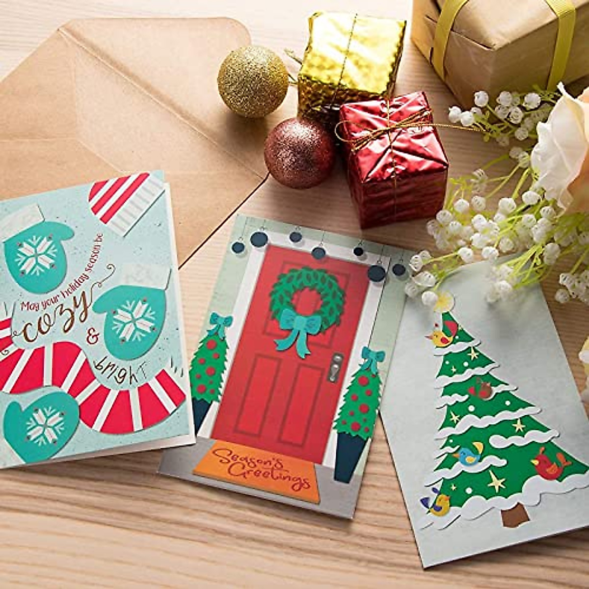 48 Pack Christmas Cards in Bulk with Kraft Envelopes, 6 Cozy Christmas Designs for Holiday Thank You Cards 4x6"