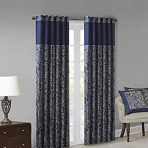 Madison Park Aubrey Bedding and Curtain Set - 12 Piece King Size Navy Blue Paisley Design