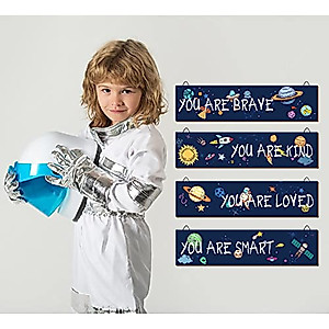 4 Pieces Boys Room Décor, Kids Outer Space Room Wall Décor, Children Bedroom Wall Décor, Space Themed Bedroom Décor, 11.8 * 3 inches