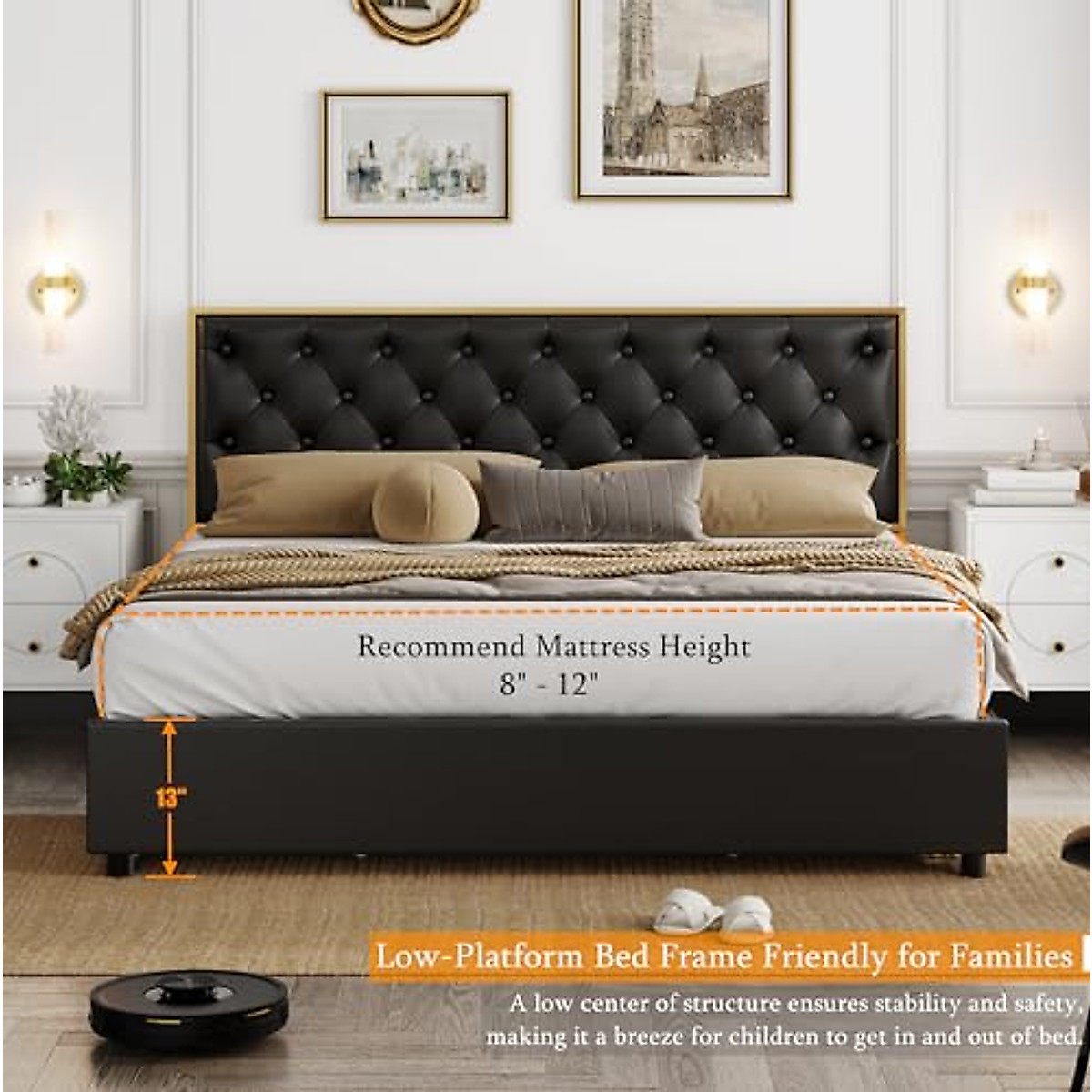 HIFIT Queen Bed Frame with 4 Storage Drawers, Faux Leather Queen Platform Bed Frame with Button Tufted Headboard, Heavy Duty Mattress Foundation with Wooden Slats, No Box Spring Needed, Golden & Black