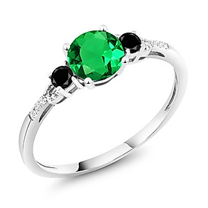 Gem Stone King 10K White Gold Green Nano Emerald Black Diamond and White Diamond Accent 3-Stone Engagement Ring For Women (0.95 Cttw, Round 6MM, Gemstone May Birthstone, Size 6)