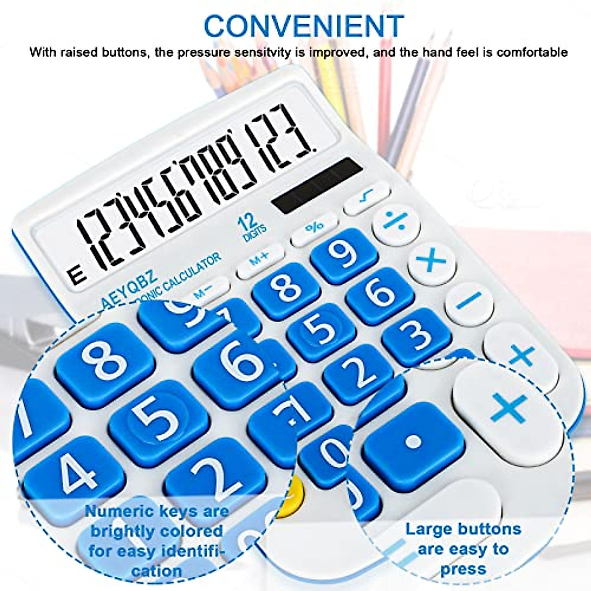 Calculators Desktop, Two Way Power Battery and Solar Desk Calculator, Big Buttons Easy to Press Used as Office Calculators for Desk, 12 Digit Adding Machine Calculators Large LCD Display(Blue)