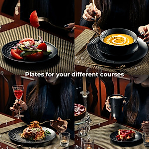 Nomnu Spiderweb Dinnerware Set (16 Pieces) - Gothic Kitchen Decor - Black Matte Porcelain Gothic Dinnerware Set: 4 Dinner Plates 4 Salad Plates 4 Bowls 4 Mugs - Spiderweb Decor Halloween Spooky Gifts