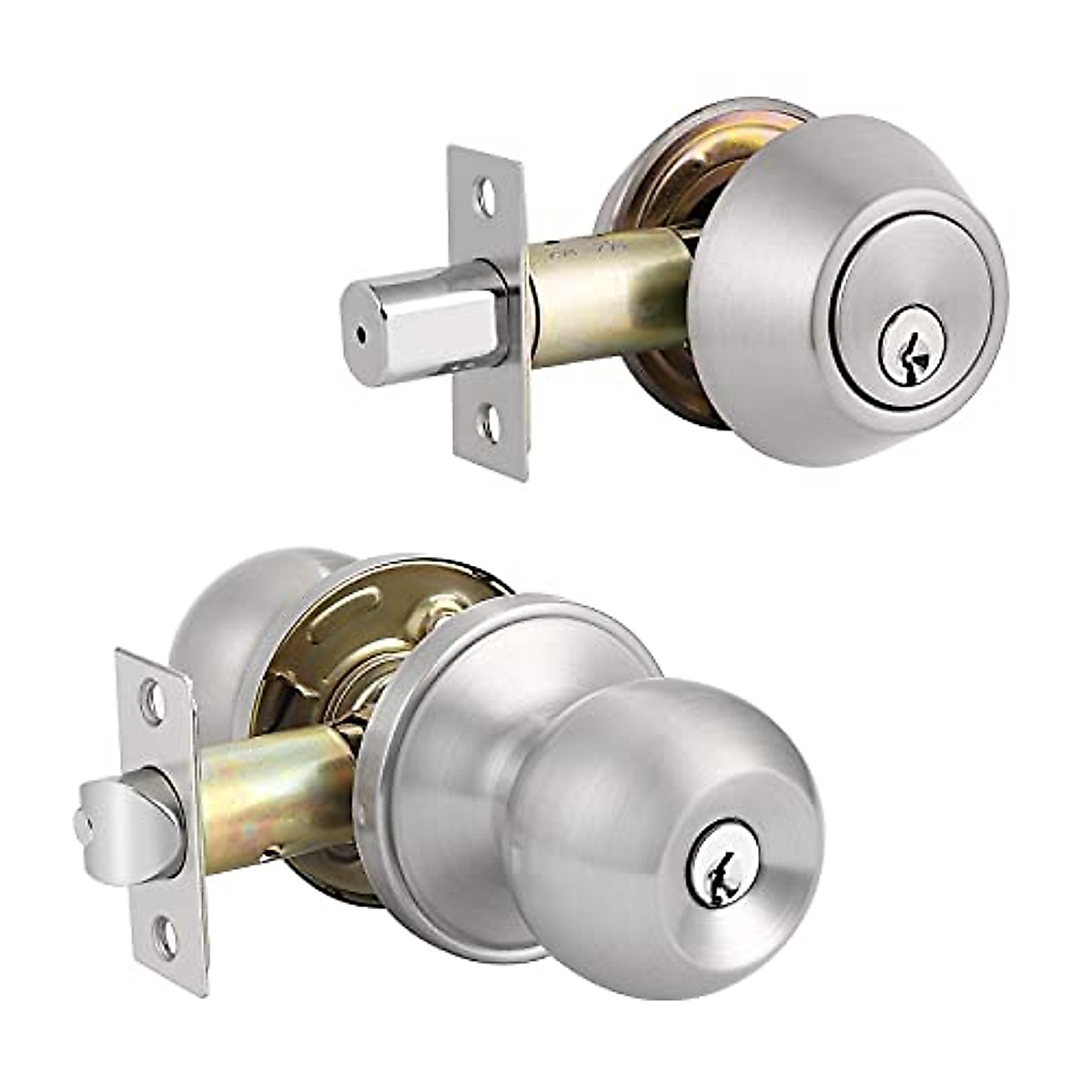 Knobonly All Keyed Same Entry Door Knobs with Double Cylinder Deadbolt for Exterior Front Doors, Satin Nickel Finish, Contractor Pack of 10-Keyed on Both Side