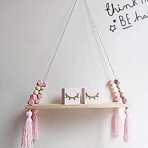 Baost Nordic Hanging Swing Rope Floating Shelves with Tassel Beads, Wall Hanging Storage Board Wooden Plank Shelf Display Ornaments for Kids Room Pink