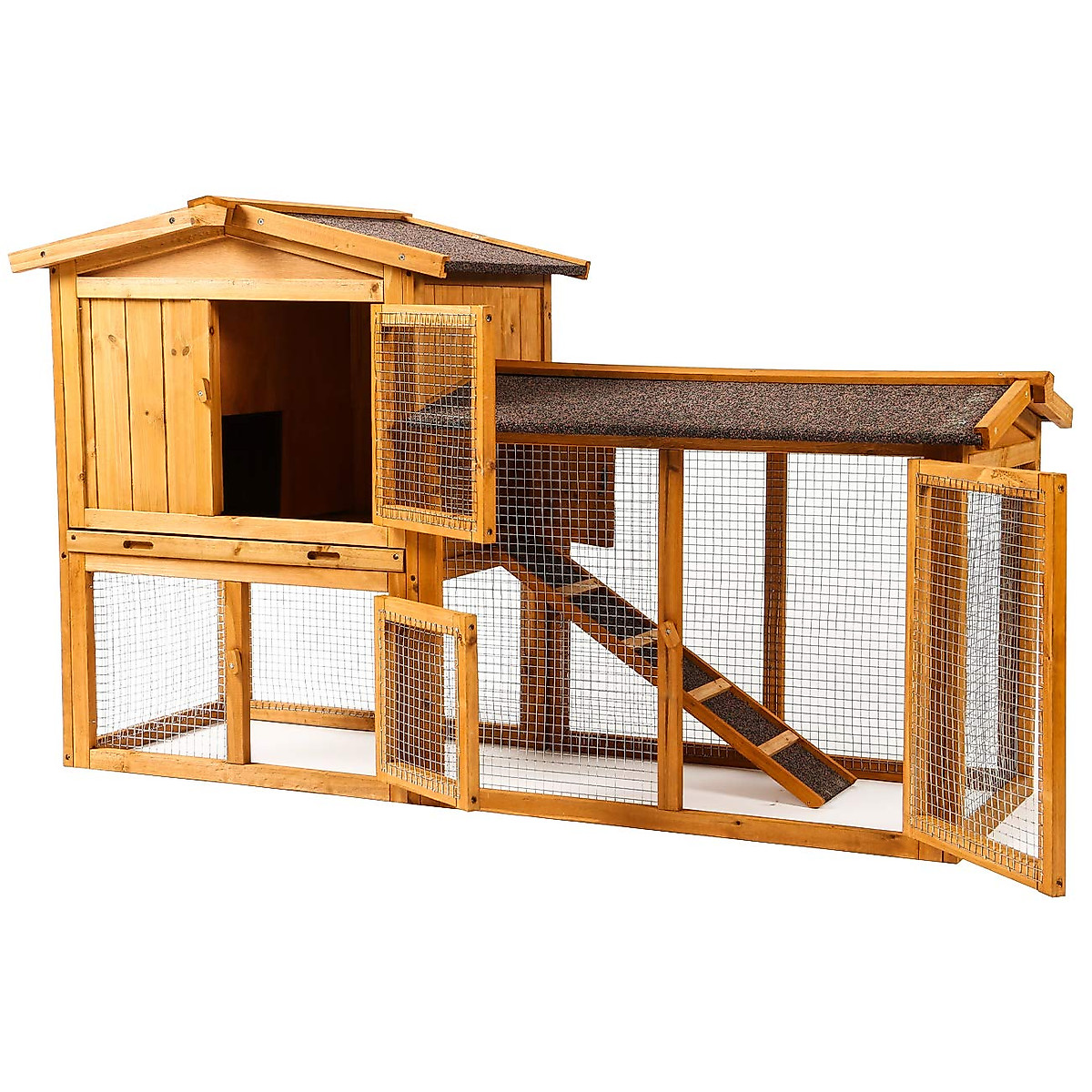 Ogrmar Chicken Coop Large Wooden Outdoor Bunny Rabbit Hutch Hen Cage with Ventilation Door, Removable Tray & Ramp Garden Backyard Pet House Chicken Nesting Box